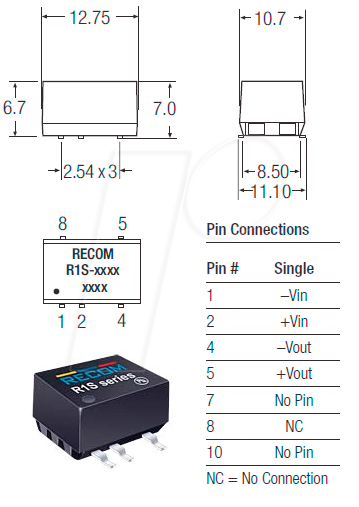R1S-0505: Przetwornica DC - DC R1S-xx, 5 Vin, pojedyncza, 5 Vout, 200 mA, SM w reichelt elektronik