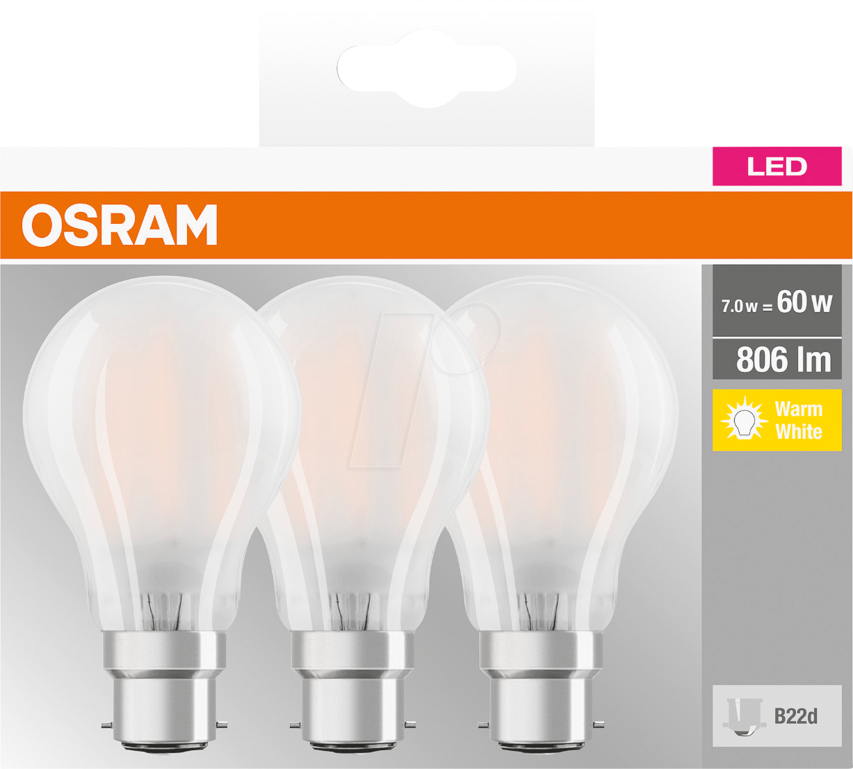 OSR 075115132: LED-Lampe BASE B22d, 7 W, 806 lm, 2700 K, Filament, 3er ...